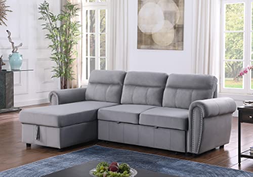 FANYE L-Shaped Oversized Reversible Convertible Tufted Sleeper Sectional Sofa with Pull Out Sleeper Couch Bed,Nailhead Decor Armrests and Storage Chaise for Living Room, Grey Velvet Sofabed