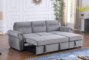 erye l-shaped oversized reversible convertible tufted sleeper sectional sofa with pull out sleeper couch bed,nailhead decor armrests and storage chaise for living room, grey velvet sofabed