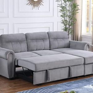 ERYE L-Shaped Oversized Reversible Convertible Tufted Sleeper Sectional Sofa with Pull Out Sleeper Couch Bed,Nailhead Decor Armrests and Storage Chaise for Living Room, Grey Velvet Sofabed