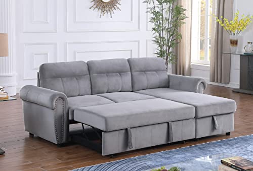 ERYE L-Shaped Oversized Reversible Convertible Tufted Sleeper Sectional Sofa with Pull Out Sleeper Couch Bed,Nailhead Decor Armrests and Storage Chaise for Living Room, Grey Velvet Sofabed