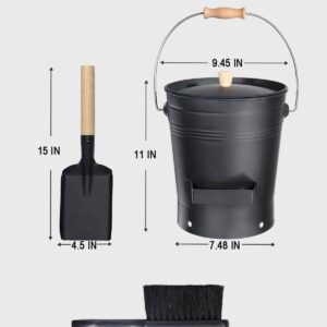 vensovo 2.5 Gallon Ash Bucket with Lid - Shovel, Broom, and Gloves, Heavy Duty Galvanized Iron, Fire-Resistant, Black Finish Perfect for Fireplaces, Fire Pits, Wood-Burning Stoves, and Grills