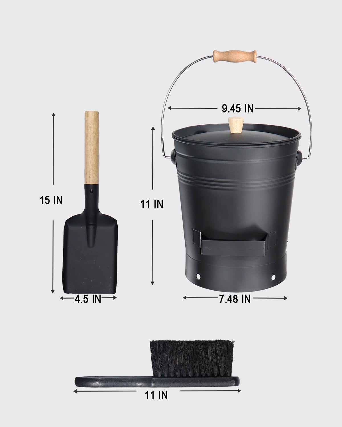 vensovo 2.5 Gallon Ash Bucket with Lid - Shovel, Broom, and Gloves, Heavy Duty Galvanized Iron, Fire-Resistant, Black Finish Perfect for Fireplaces, Fire Pits, Wood-Burning Stoves, and Grills