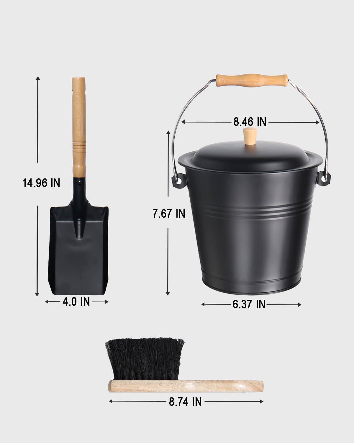 vensovo 1.5 Gallon Ash Bucket with Lid - Shovel, Broom, and Gloves, Heavy Duty Galvanized Iron, Fire-Resistant, Black Finish Perfect for Fireplaces, Fire Pits, Wood-Burning Stoves, and Grills