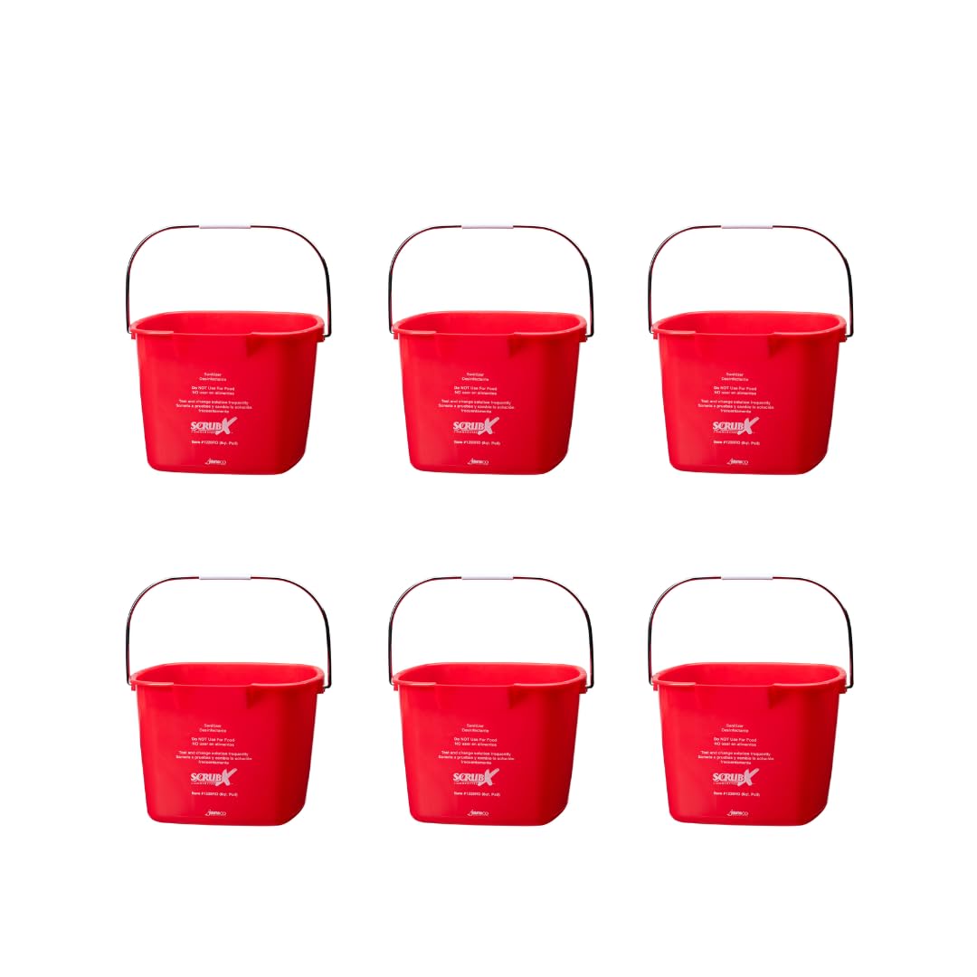 Janico 1228RD Pro Sturdy 8-Quart Plastic Sanitizing Pail with Handles for Janitorial and Cleaning Use, 6 Pack