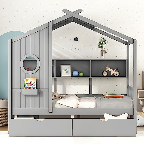 BOVZA Full Size House Bed with 2 Storage Drawers, Kids Bed with Storage Shelf, Wooden House Bed with Roof for Kids Boys Girls Teens, Gray