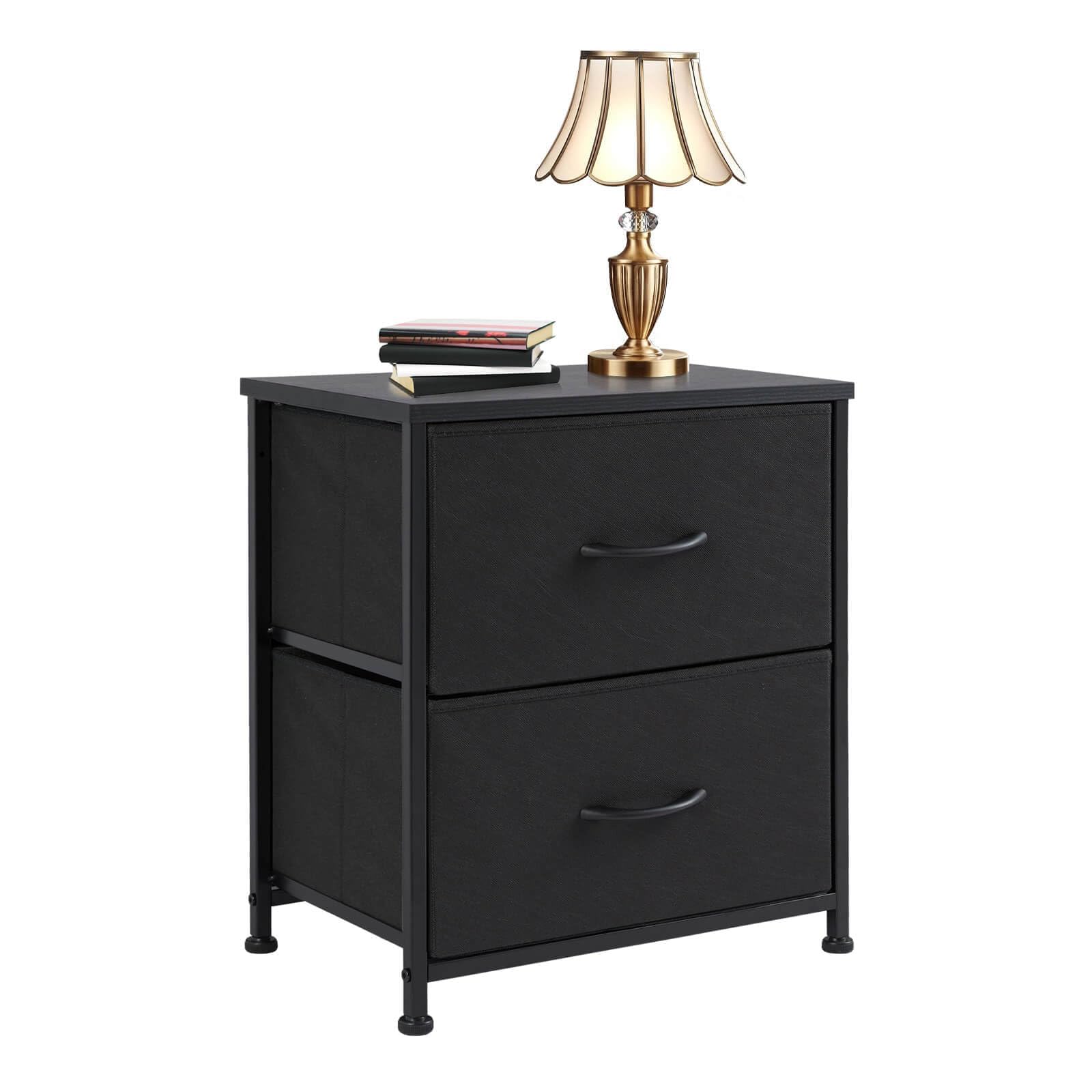 Classical Nightstand, 2 Drawer Dresser for Bedroom, Small Dresser with Metal Frame and Wood Top, Bedside Furniture, Night Stand, End Table with Fabric Bins for Bedroom, Closet (Black, 2-Drawers)