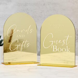 set of 2 gold acrylic wedding signs, 5"x7" gold mirror arch acrylic table sign and base, modern font tabletop reception sign for wedding & party event (gold, 5 x7 inch)