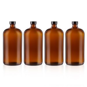 deffdns 4 pack 32 oz amber boston round with black poly cone cap,reusable brown glass bottles for secondary kombucha fermentation,homemade essential oils,lab chemicals