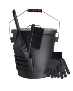 vensovo 5 gallon ash bucket with lid - shovel, broom, and gloves, heavy duty galvanized iron, fire-resistant, black finish perfect for fireplaces, fire pits, wood-burning stoves, and grills