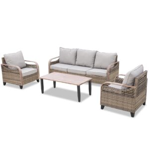 EAGLE PEAK Modern Wicker Outdoor Patio Furniture Set, Patio Conversation Set, 2 Patio Chairs, 3-Seat Loveseat and Coffee Table, 4 Pieces, Brown/Gray