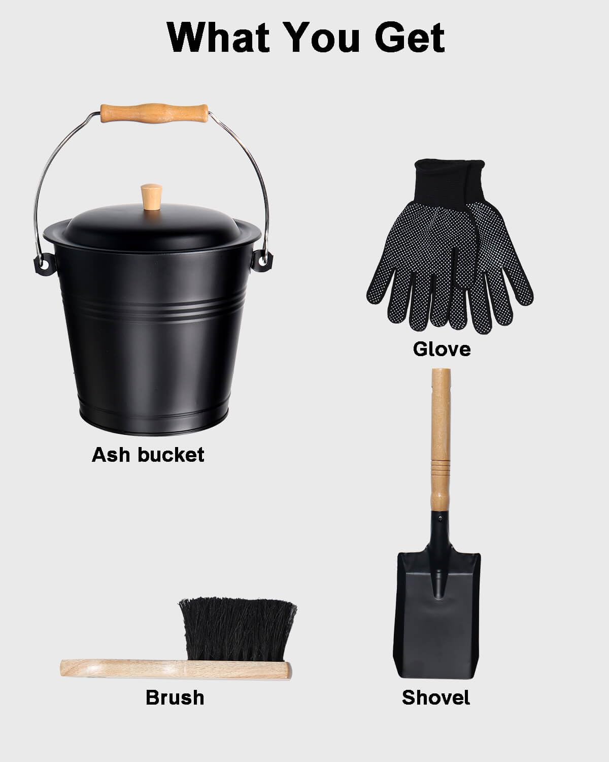 vensovo 1.5 Gallon Ash Bucket with Lid - Shovel, Broom, and Gloves, Heavy Duty Galvanized Iron, Fire-Resistant, Black Finish Perfect for Fireplaces, Fire Pits, Wood-Burning Stoves, and Grills