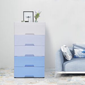 plastic drawers dresser,5 tier storage tower with 5 drawer and wheels,storage organizer rack, movable storage tall small cabinet closet for bed, closet, sofa, and cabinet (gradient blue)