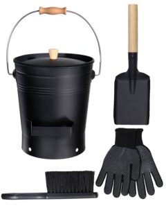 vensovo 2.5 gallon ash bucket with lid - shovel, broom, and gloves, heavy duty galvanized iron, fire-resistant, black finish perfect for fireplaces, fire pits, wood-burning stoves, and grills