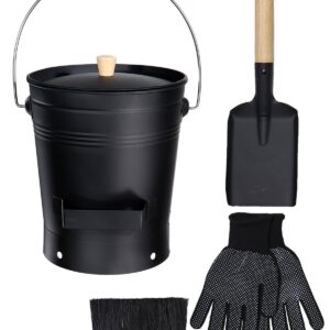 vensovo 2.5 Gallon Ash Bucket with Lid - Shovel, Broom, and Gloves, Heavy Duty Galvanized Iron, Fire-Resistant, Black Finish Perfect for Fireplaces, Fire Pits, Wood-Burning Stoves, and Grills