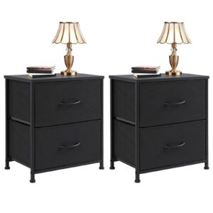 Classical Nightstand, 2 Drawer Dresser for Bedroom, Small Dresser with Metal Frame and Wood Top, Bedside Furniture, Night Stand, End Table with Fabric Bins for Bedroom, Closet (Black, 2-Drawers)