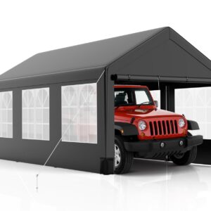 GarveeLife Carport 10x20 FT Heavy Duty Carport with Roll-up Ventilated Windows, Portable Garage with Removable Sidewalls & Doors for Car, Truck, Boat, Car Canopy with All-Season Tarp