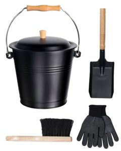 vensovo 1.5 gallon ash bucket with lid - shovel, broom, and gloves, heavy duty galvanized iron, fire-resistant, black finish perfect for fireplaces, fire pits, wood-burning stoves, and grills