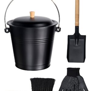 vensovo 1.5 Gallon Ash Bucket with Lid - Shovel, Broom, and Gloves, Heavy Duty Galvanized Iron, Fire-Resistant, Black Finish Perfect for Fireplaces, Fire Pits, Wood-Burning Stoves, and Grills