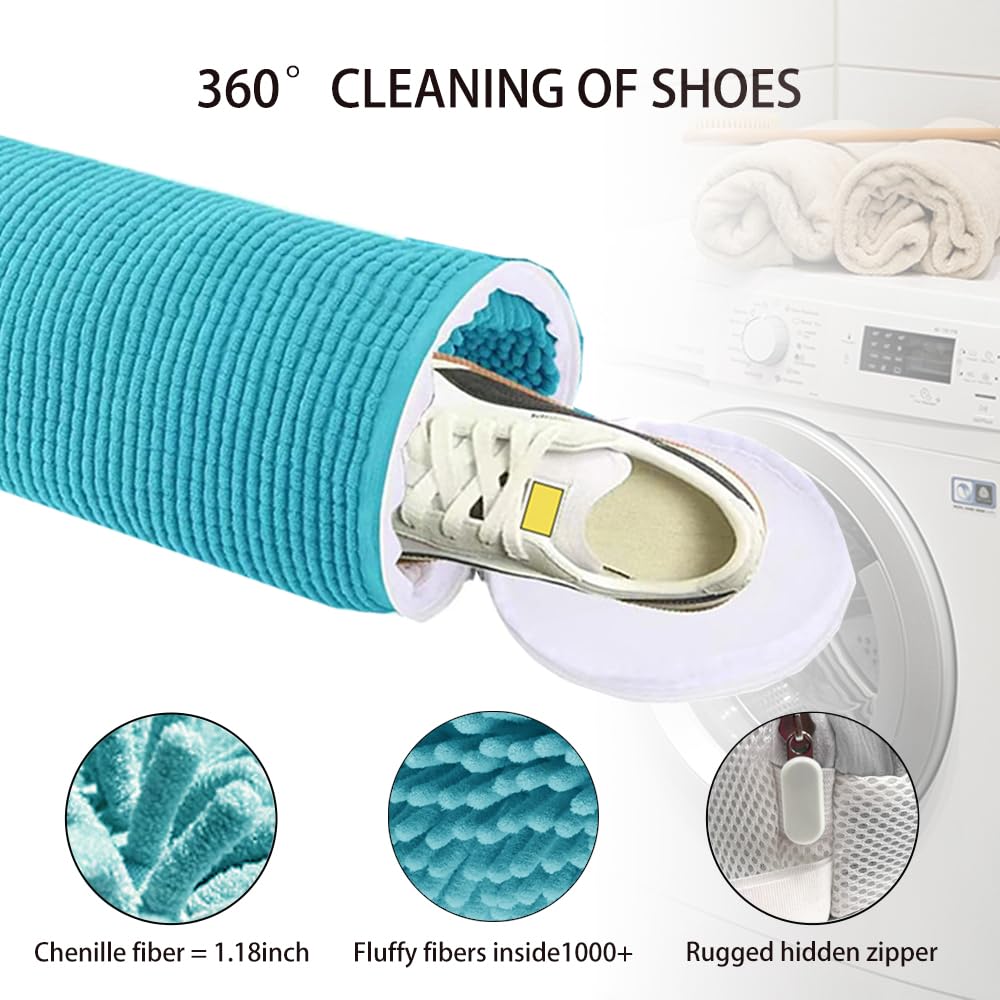 Smallan Sneaker Shoes Laundry Washing Machine Bag Reusable and Lasting Fluffy Chenille Microfiber Hidden Zipper Shoe Washing Bag with 2 Pairs Adjustable Shoe Trees (blue)