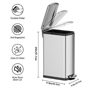 GarveeHome 8 Gallon Trash Can, Slim Kitchen Trash Can with Soft Close Lid, Stainless Steel Trash Can with Removable Bucket, Rectangular Waste Bins for Kitchen, Bathroom, Office