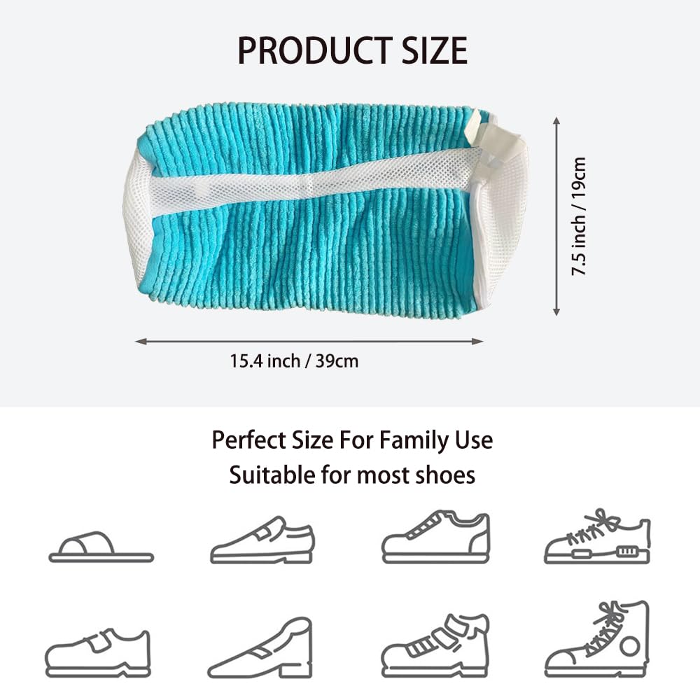 Smallan Sneaker Shoes Laundry Washing Machine Bag Reusable and Lasting Fluffy Chenille Microfiber Hidden Zipper Shoe Washing Bag with 2 Pairs Adjustable Shoe Trees (blue)