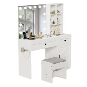 makeup vanity desk with mirror and lights, white vanity desk w/ hollywood mirror & charging station & large drawer & shelves & cabinet, glass tabletop dressing table set for bedroom, stool included