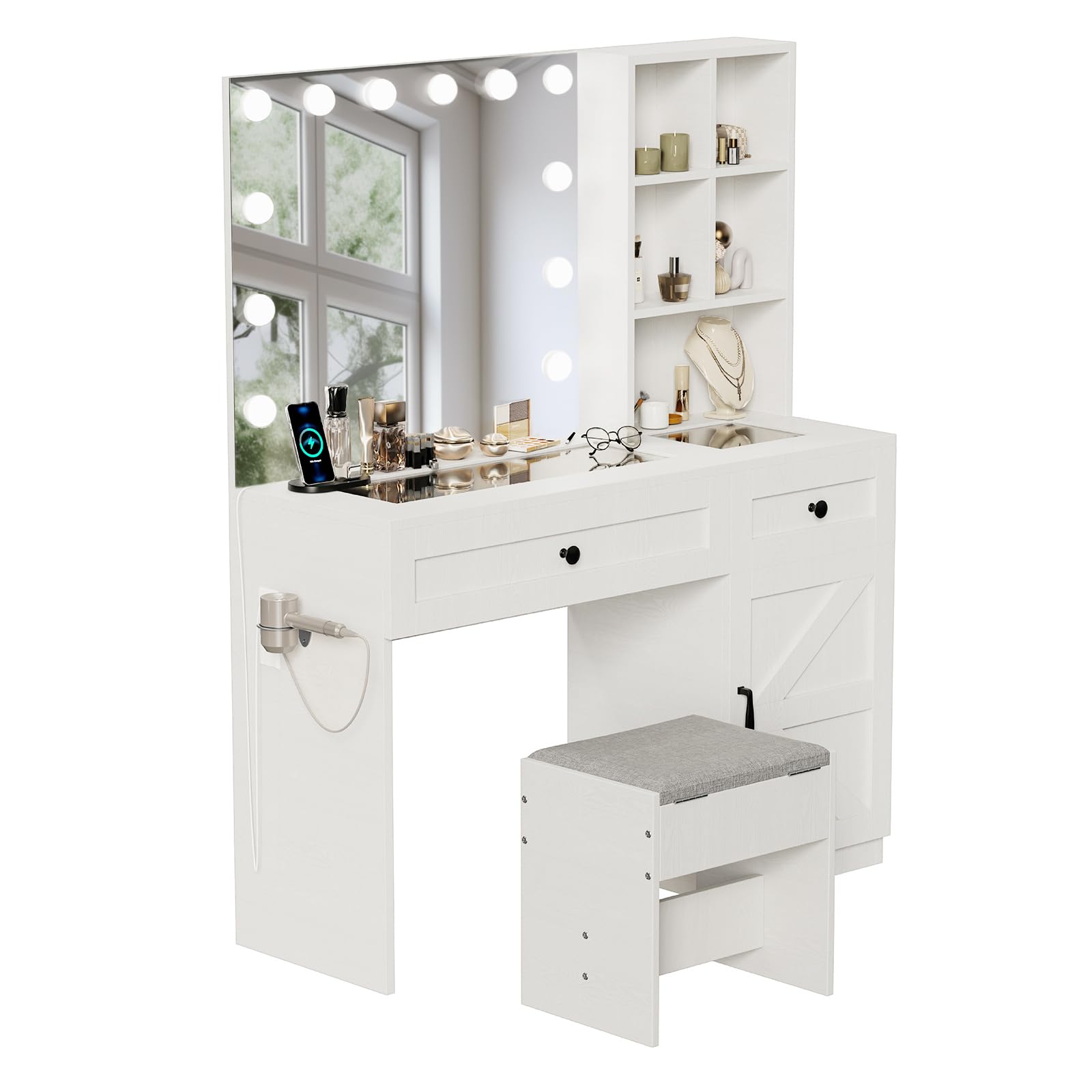 Makeup Vanity Desk with Mirror and Lights, White Vanity Desk w/ Hollywood Mirror & Charging Station & Large Drawer & Shelves & Cabinet, Glass Tabletop Dressing Table Set for Bedroom, Stool Included