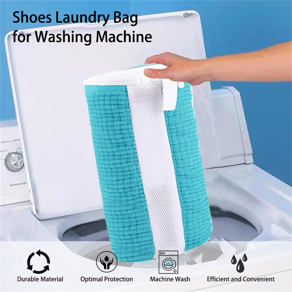 Smallan Sneaker Shoes Laundry Washing Machine Bag Reusable and Lasting Fluffy Chenille Microfiber Hidden Zipper Shoe Washing Bag with 2 Pairs Adjustable Shoe Trees (blue)