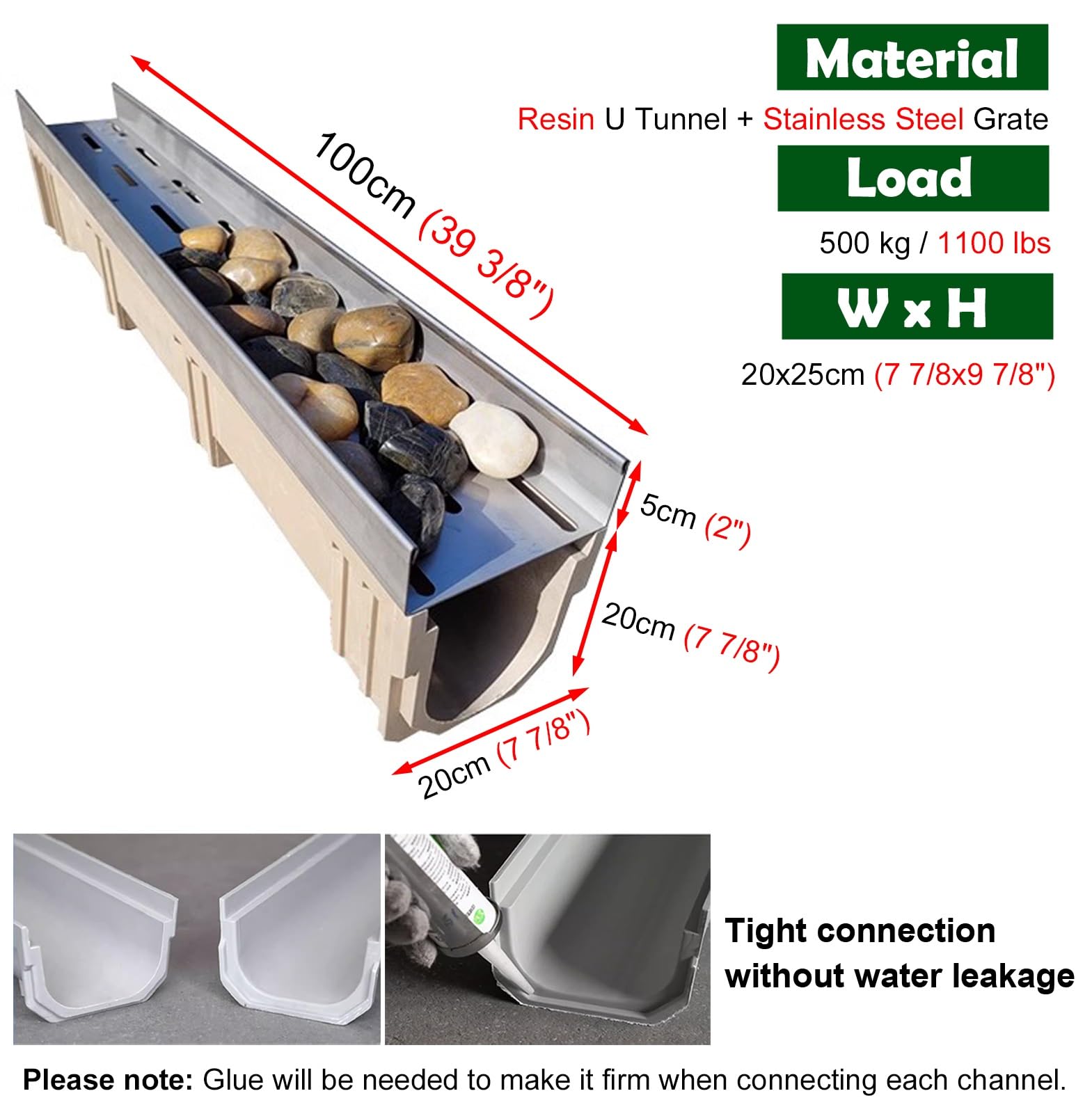 Blazea Garden Trench Drain System, Functional & Decorative Channel Drain Kit with Grate, Floor Drain Drainage Pipe for Bath/Garage/Yard(Size:20x25cm(7 7/8x9 7/8"))