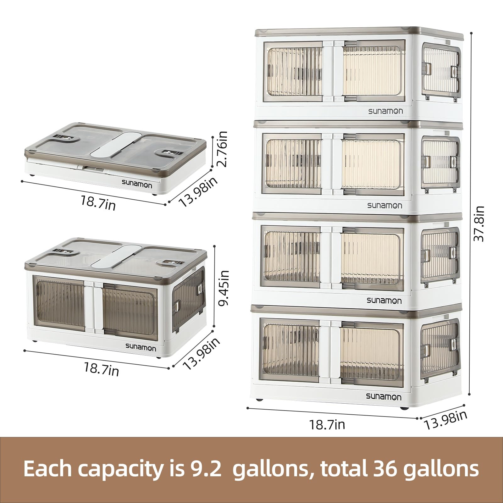 sunamon Storage Bins with Lids, Plastic Storage Bins with 5 Doors, 36Gal Closet Organizers and Storage Stackable Storage Bins Open Front Folding Storage Containers Bins, 4 Pack