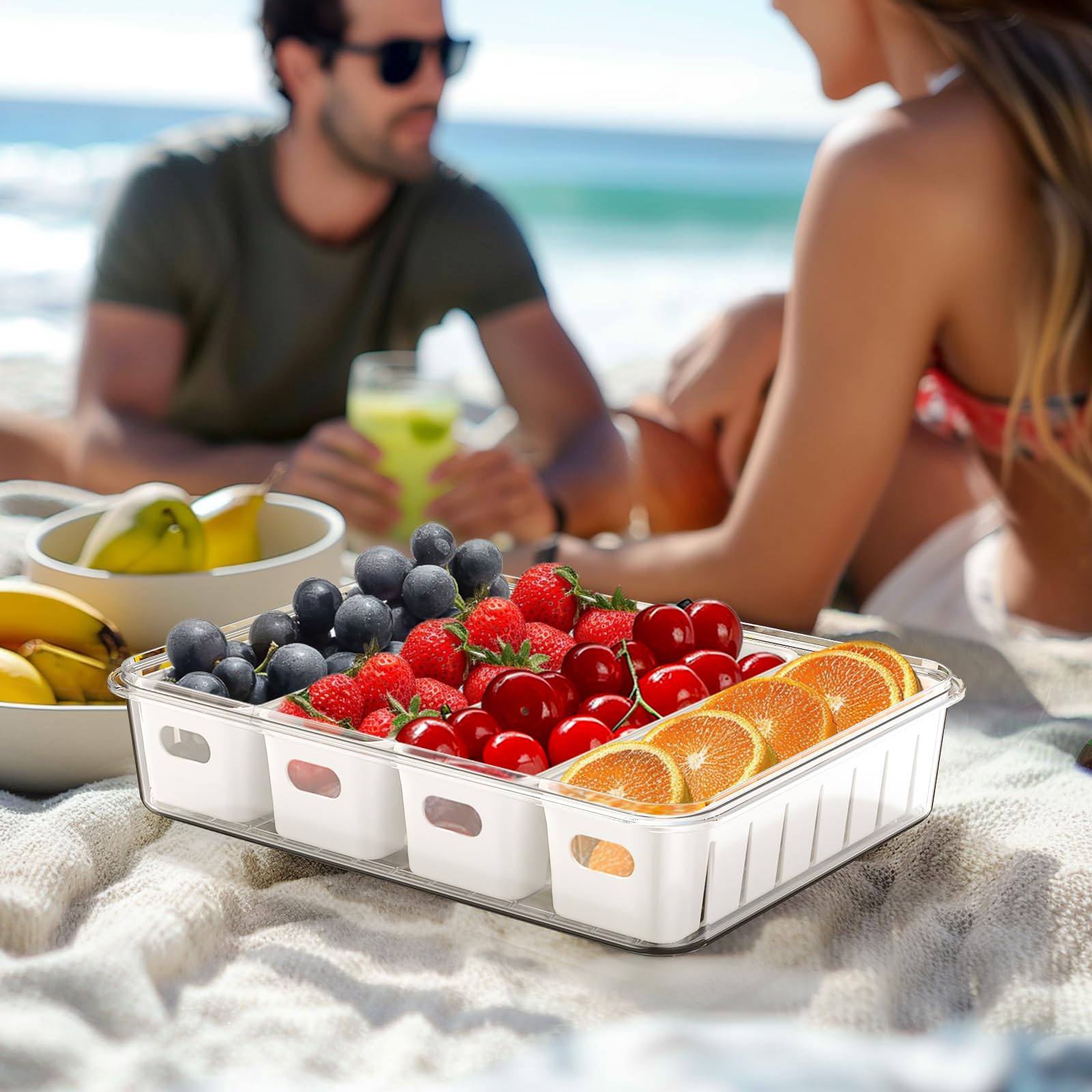 Anyvape Portable Food Storage Container with Lid & Handle,4-Compartment Leak-Proof Tray with Removable Colanders,Fresh-Keeping Organizer for Fruits,Snacks,Meal Prep,Ideal for Refrigerator,Outdoor Use