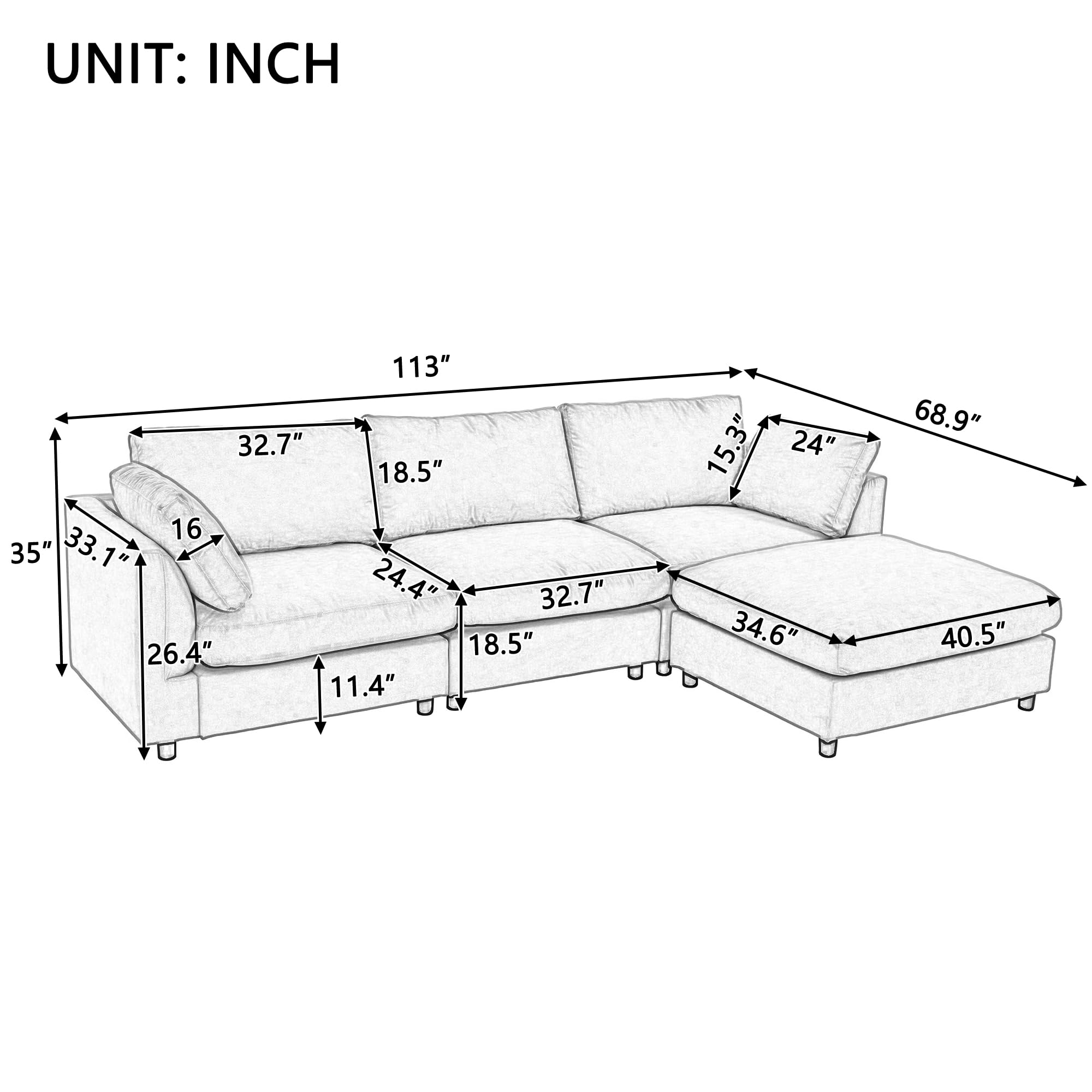 Tmsan 113" Large Sectional Sofa Cloud Couch for Living Room, Modern L Shaped Couch Set with Reversible Chaise, 4 Seater Polyester Fabric Sofa with Convertible Ottoman & 2 Pillows for Apartment Office