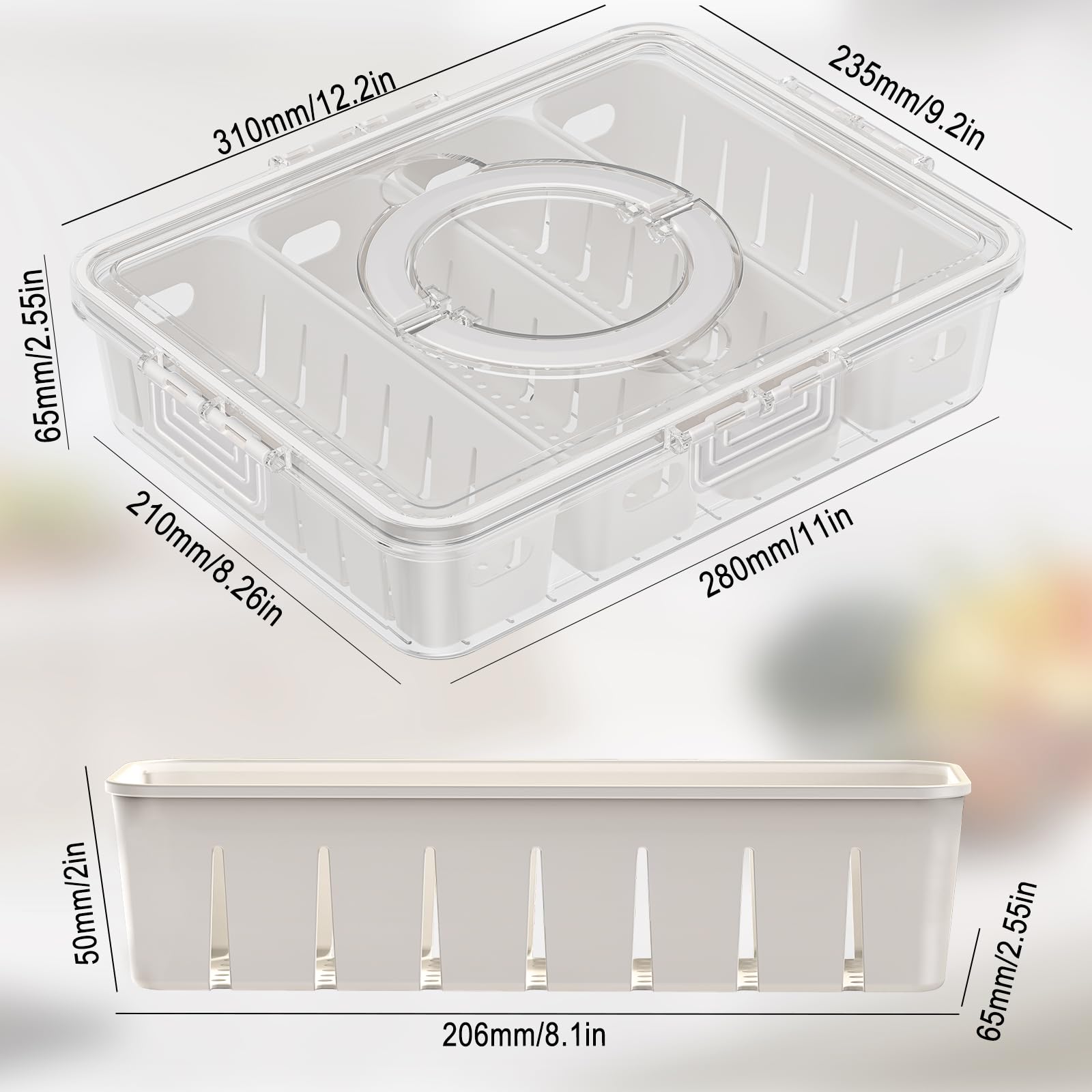 Anyvape Portable Food Storage Container with Lid & Handle,4-Compartment Leak-Proof Tray with Removable Colanders,Fresh-Keeping Organizer for Fruits,Snacks,Meal Prep,Ideal for Refrigerator,Outdoor Use