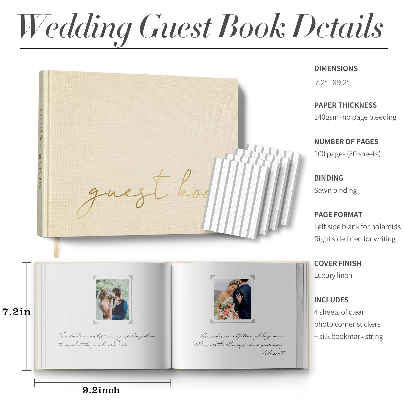 Wedding Guest Book with Table Sign and 216 Photo Corners Stickers, Hardcover Linen Polaroid GuestBook for Wedding，Baby Shower, Special Events - 100 Blank Pages for Sign in and Photos- Beige 7.2x9.2”