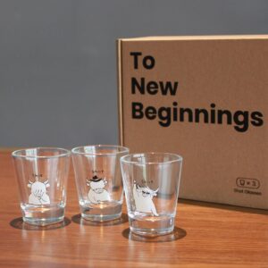 woowa new beginnings gifts - shot glasses set with highland cow design. new job, farewell, going away, goodbye gifts for coworker leaving. promotion, congratulations gifts. housewarming gifts.