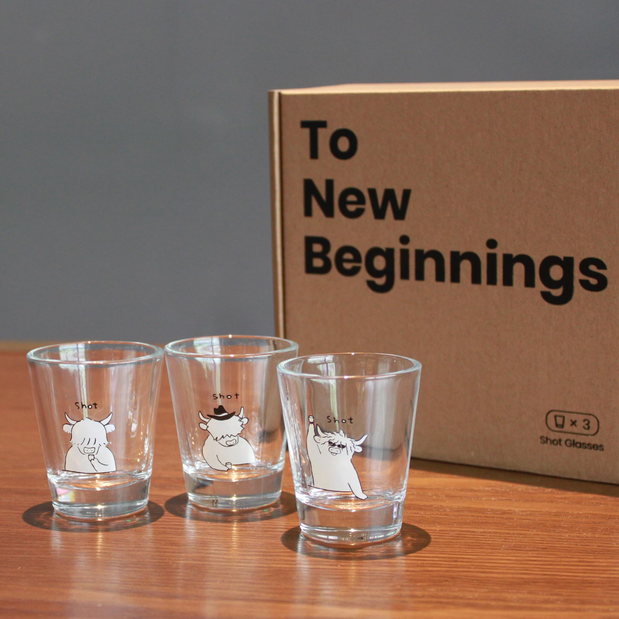 WOOWA New Beginnings Gifts - Shot Glasses Set with Highland Cow Design. New Job, Farewell, Going Away, Goodbye Gifts for Coworker Leaving. Promotion, Congratulations Gifts. Housewarming Gifts.