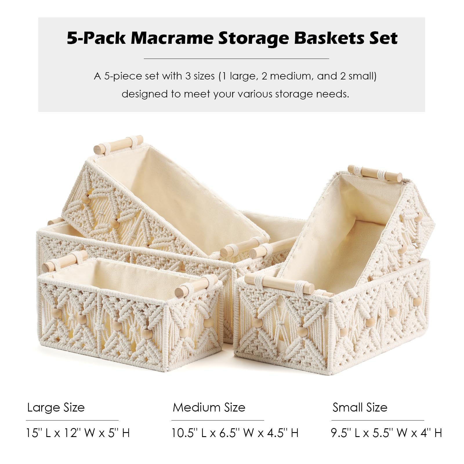 VinneGenzz 5PCS Decorative Boho Macrame Storage Baskets Handmade Bohemian Box Natural Cotton Rope Woven Bins with Wooden Handles Countertop Toilet Tank Shelf Organizer - Off White with Wood Beads