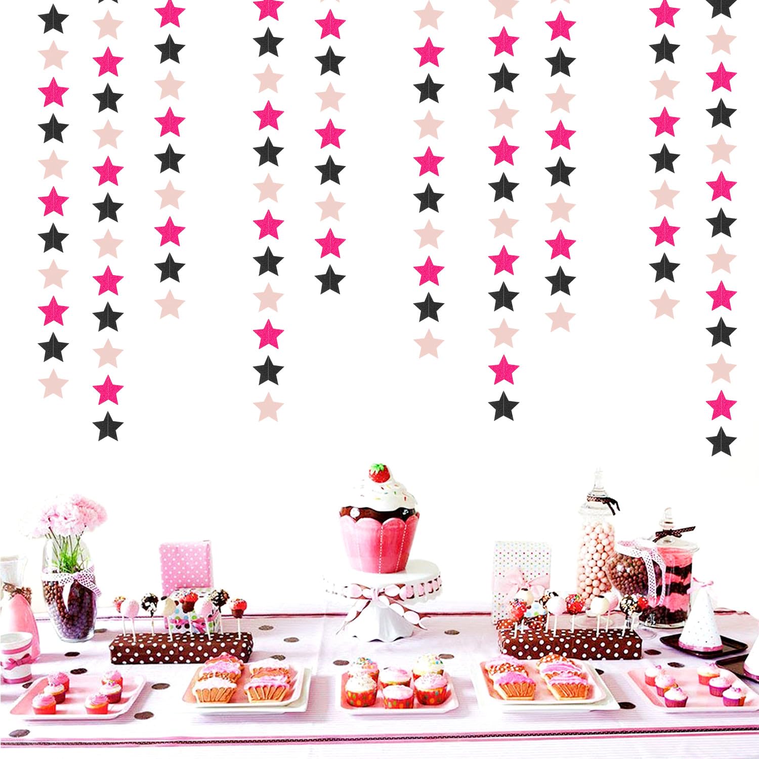 Hot-Pink Black Birthday Party-Decorations Garland - 62ft Twinkle Little Star Baby Girl Hanging Streamers Banner,Graduation Engagement Bachelorette Decor Hugtmr