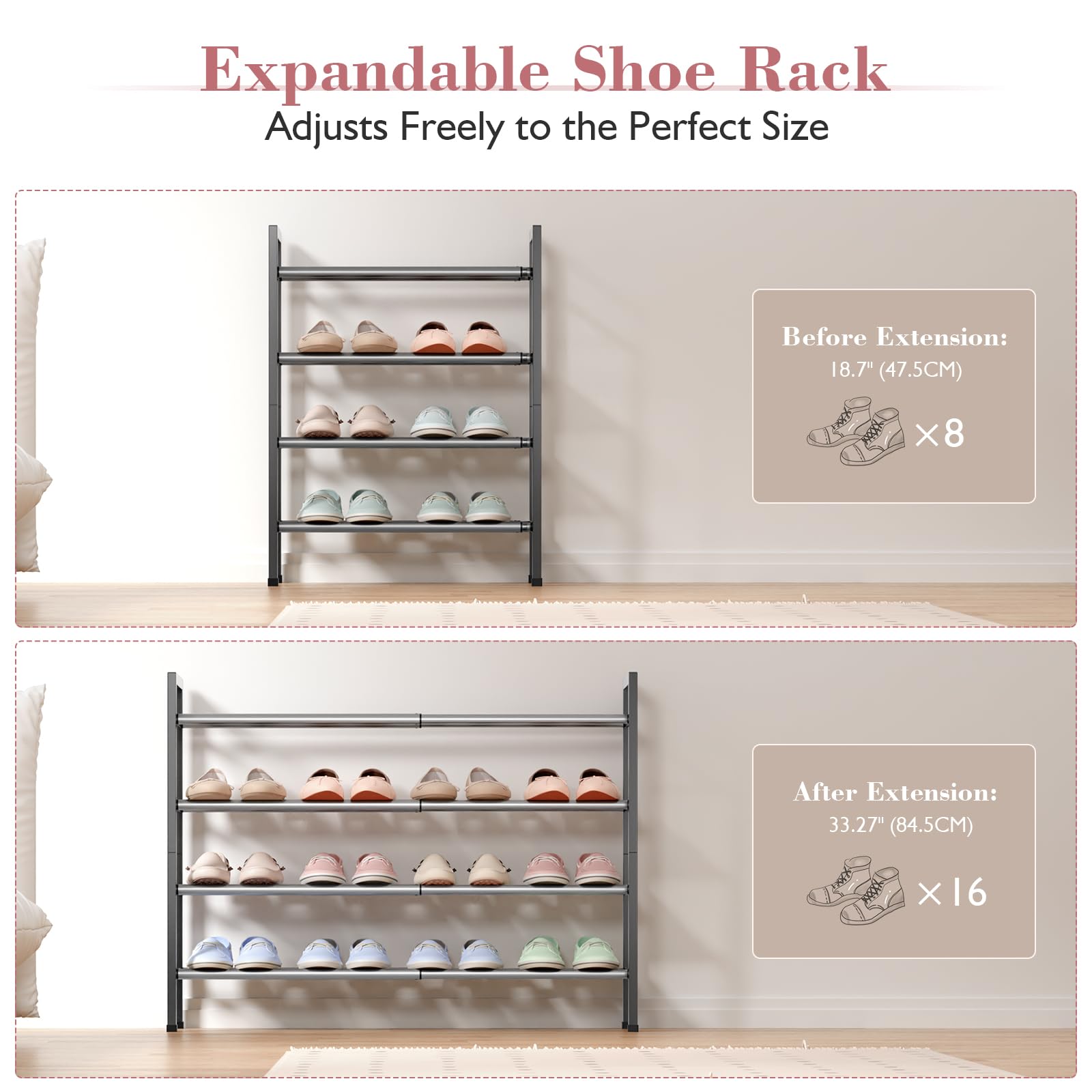 Bumusty 4-Tier Expandable Shoe Rack for Closet, 18“-33” Adjustable Shoe Rack for Small Space, Small Shoe Organizer for Front Door, Sturdy Metal, Gray