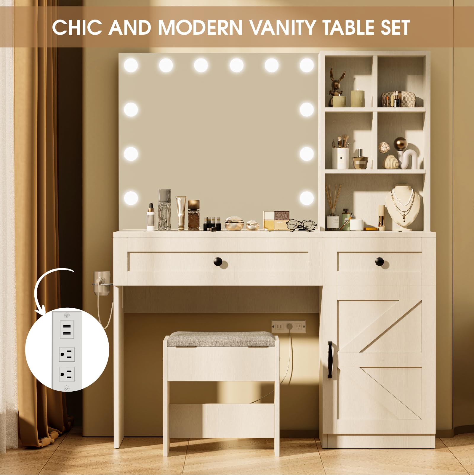 Makeup Vanity Desk with Mirror and Lights, White Vanity Desk w/ Hollywood Mirror & Charging Station & Large Drawer & Shelves & Cabinet, Glass Tabletop Dressing Table Set for Bedroom, Stool Included