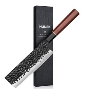 huusk 7" nakiri chef knife - japanese hand forged chopping knives, 3 layers 9cr18mov high carbon kitchen knife, professional sharp cooking knife with ergonomic handle for meat, vegetables, fish