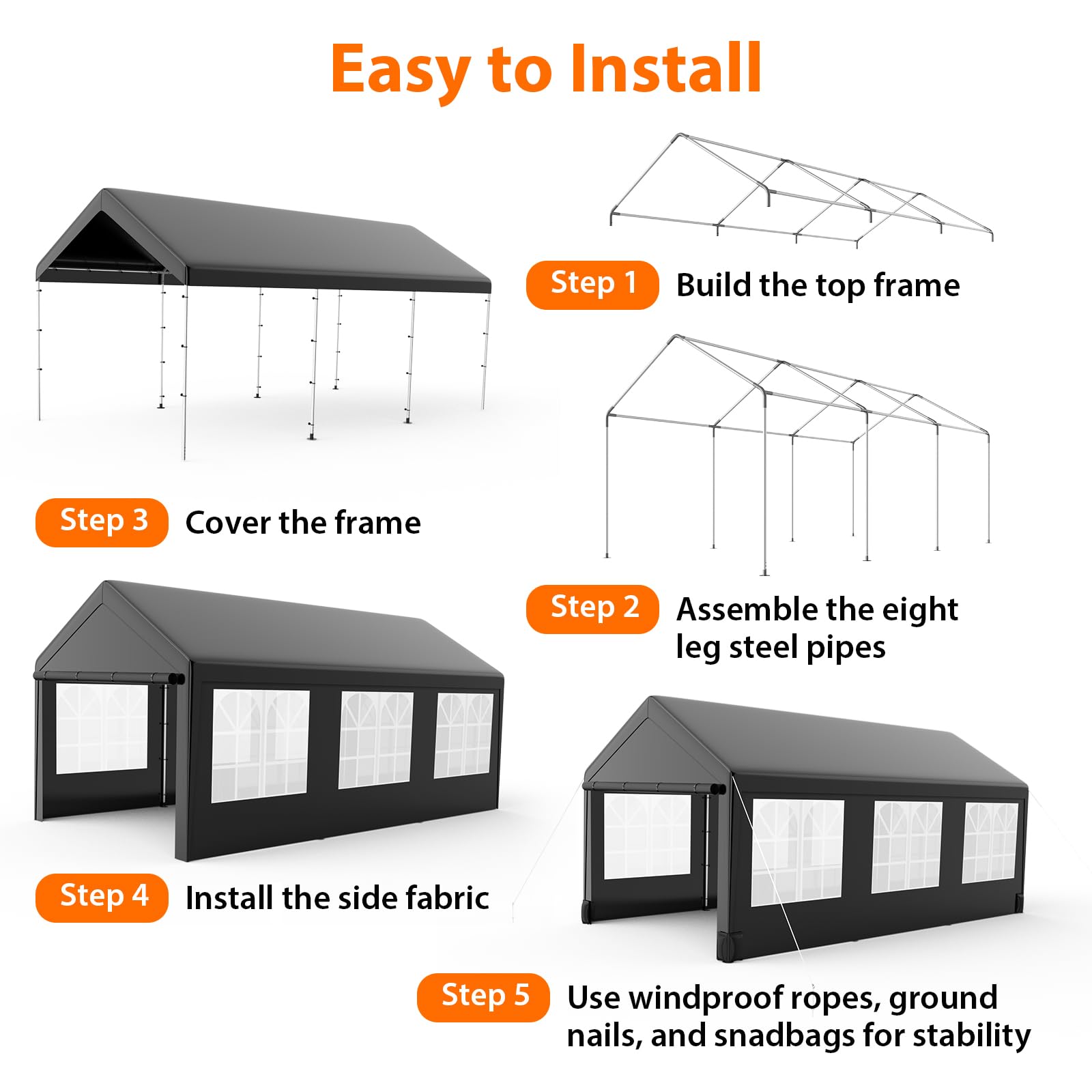 GarveeLife Carport 10x20 FT Heavy Duty Carport with Roll-up Ventilated Windows, Portable Garage with Removable Sidewalls & Doors for Car, Truck, Boat, Car Canopy with All-Season Tarp