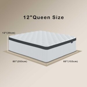 Tegeniss Queen Mattress, 12 Inch Innerspring Hybrid Mattress in a Box with Gel Memory Foam, Individually Wrapped Encased Coil Pocket Spring Mattress, Pressure Relief, Medium Firm Support, 60"*80"*12"