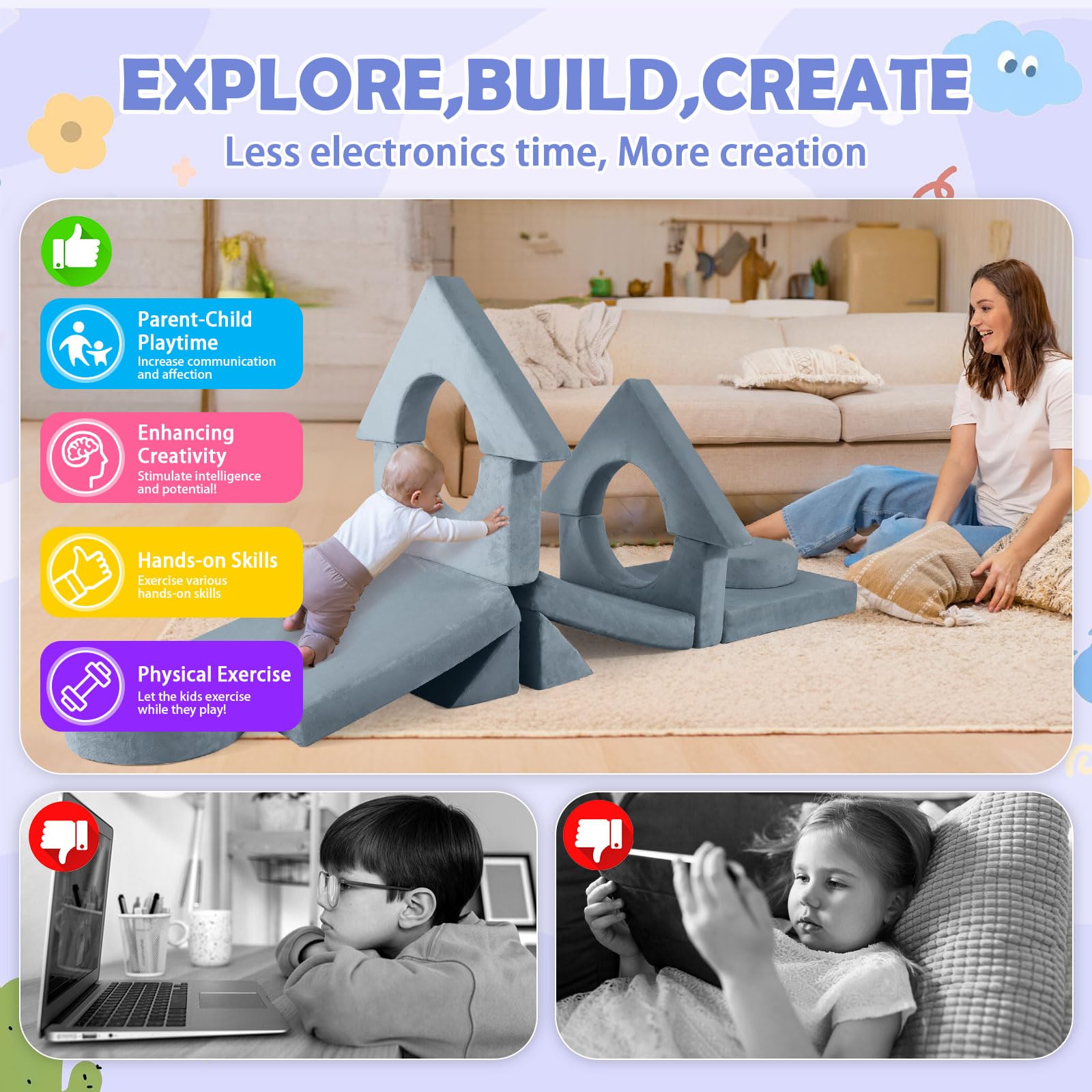 2024 New Modular Kids Play Couch, 12pcs Toddler Sofa Couch Building Fort, Versatile 300+DIY Creativing Playroom Bedroom Furniture for Toddlers. Convertible Kids Sofa and Cushion for Boys and Girls