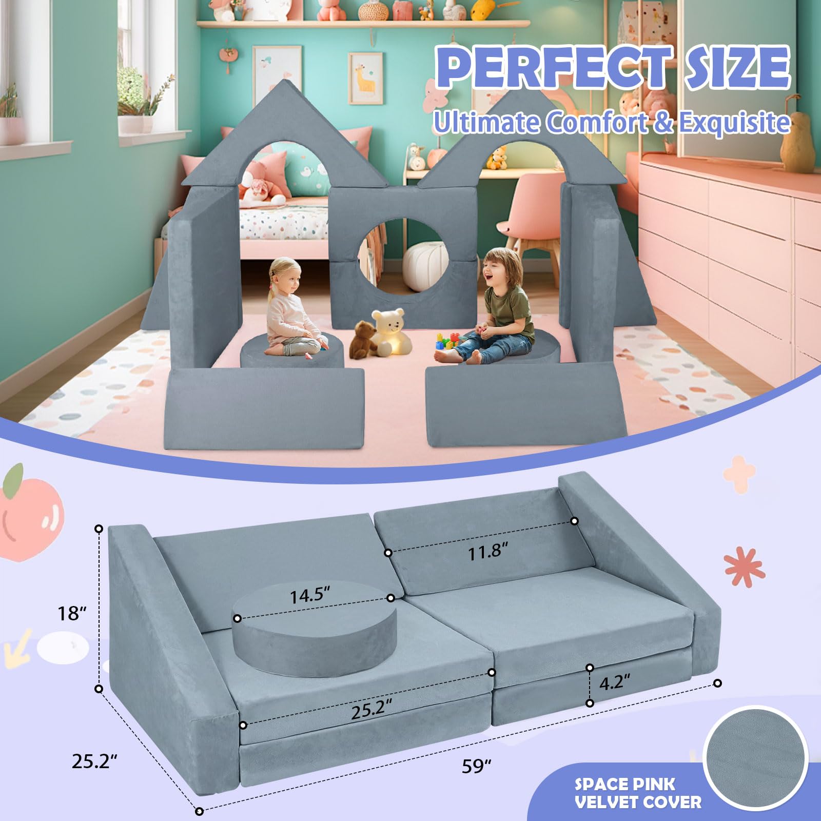 2024 New Modular Kids Play Couch, 12pcs Toddler Sofa Couch Building Fort, Versatile 300+DIY Creativing Playroom Bedroom Furniture for Toddlers. Convertible Kids Sofa and Cushion for Boys and Girls