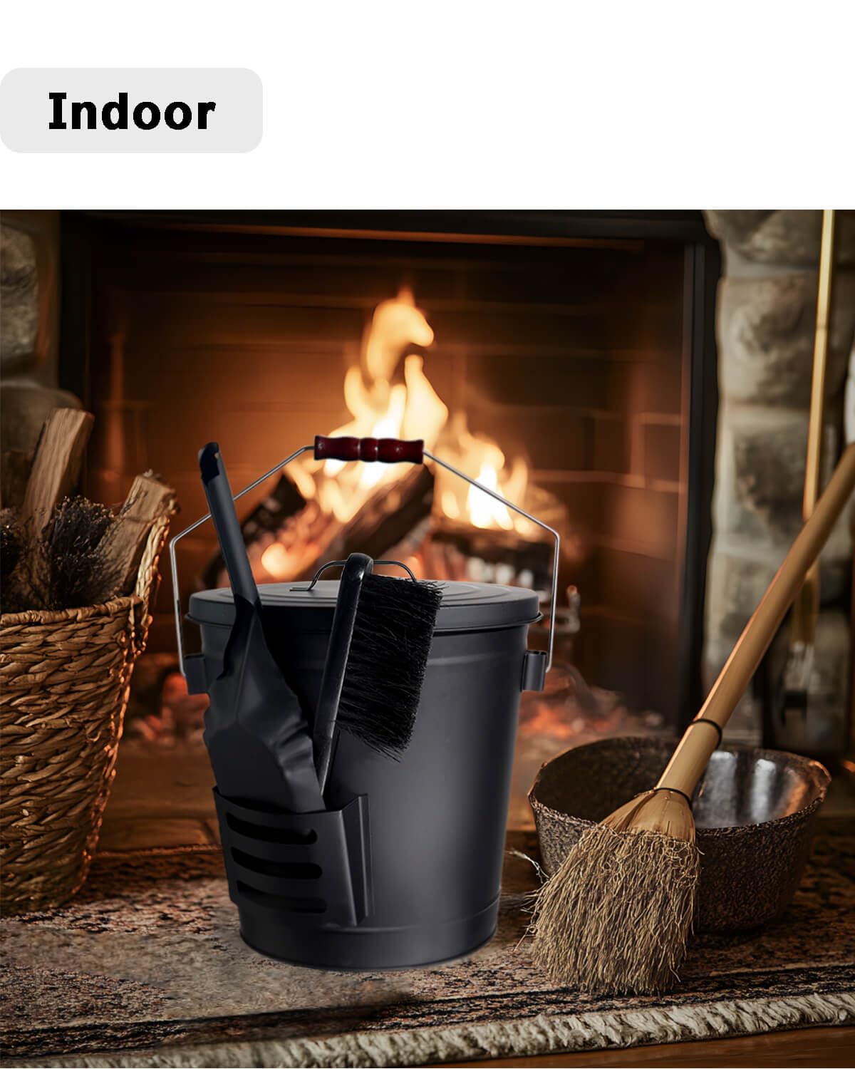 vensovo 5 Gallon Ash Bucket with Lid - Shovel, Broom, and Gloves, Heavy Duty Galvanized Iron, Fire-Resistant, Black Finish Perfect for Fireplaces, Fire Pits, Wood-Burning Stoves, and Grills