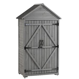 miscoos outdoor wood storage shed, vertical garden shed closet with lockable doors, outside tool shed storage cabinet with floor,detachable shelves,pitch roof for poolside backyard porch