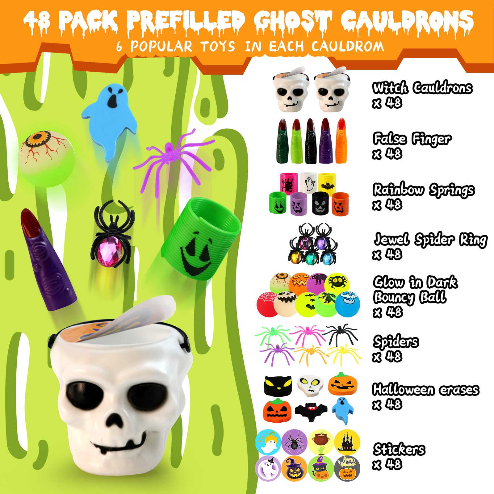 384PCS Halloween Party Favor Bulk for Kids, 48PACK Prefilled Ghost Cauldrons with 6 Halloween Toys inside, Halloween Goodie Bag Fillers, Halloween Prizes Gifts Miniatures for Kids,Trick or Treat