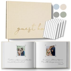 wedding guest book with table sign and 216 photo corners stickers, hardcover linen polaroid guestbook for wedding，baby shower, special events - 100 blank pages for sign in and photos- beige 7.2x9.2”