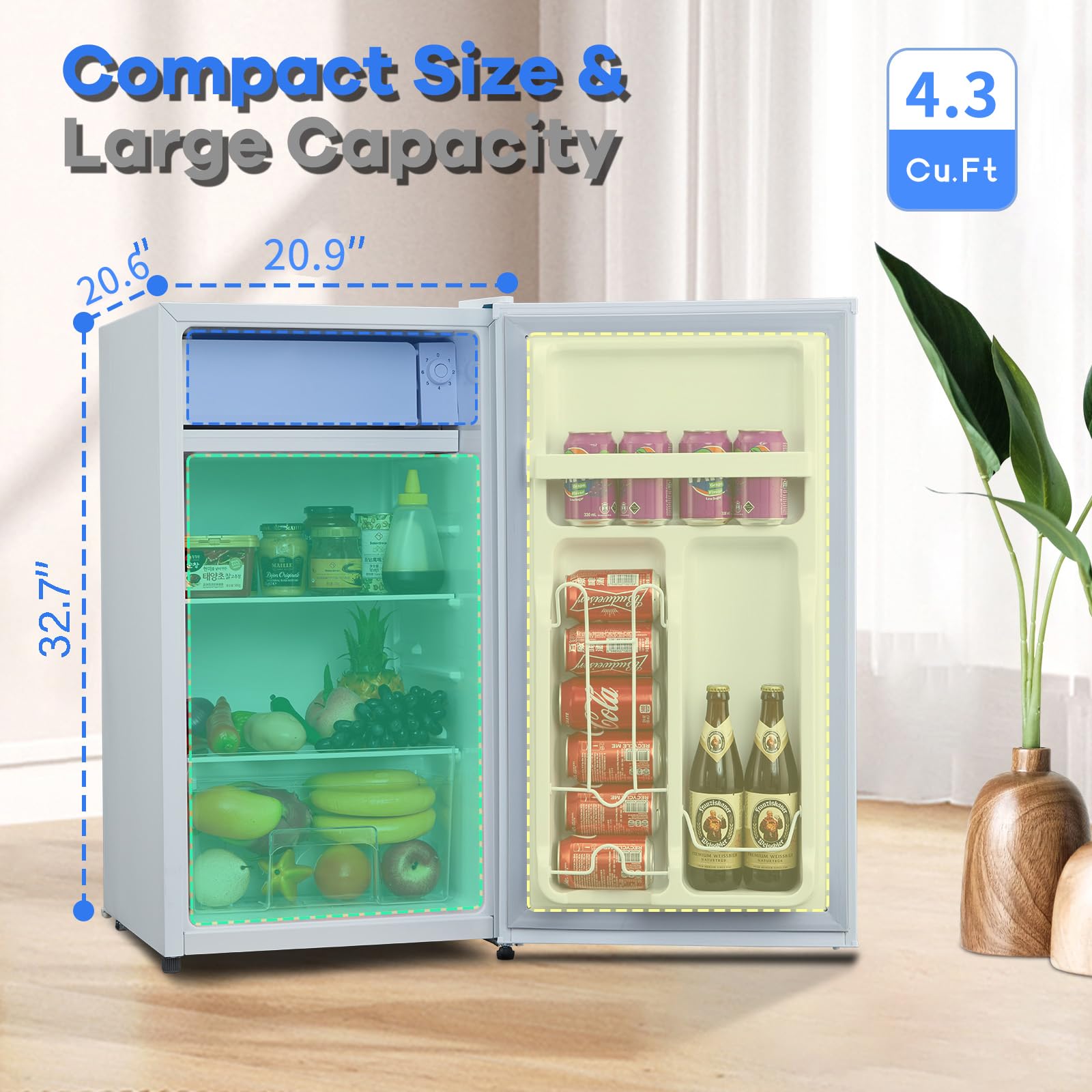 4.3 Cu.Ft Single Mini Refrigerator-Freezer Compartment-Adjustable Thermostat Control-Reversible Doors-Ideal for Dorm, Office, Rv, Garage, Apartment